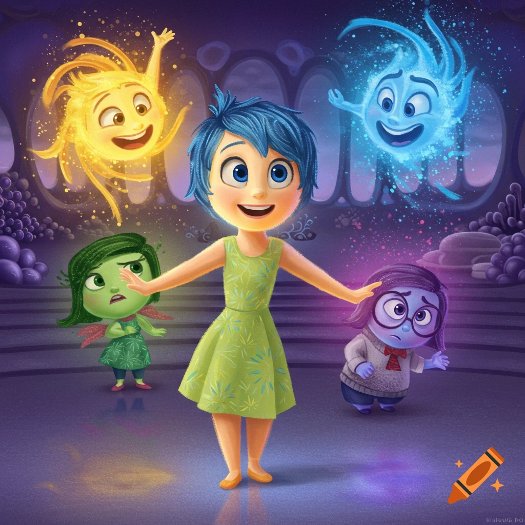 A glowing yellow character resembling Joy and a blue character ...