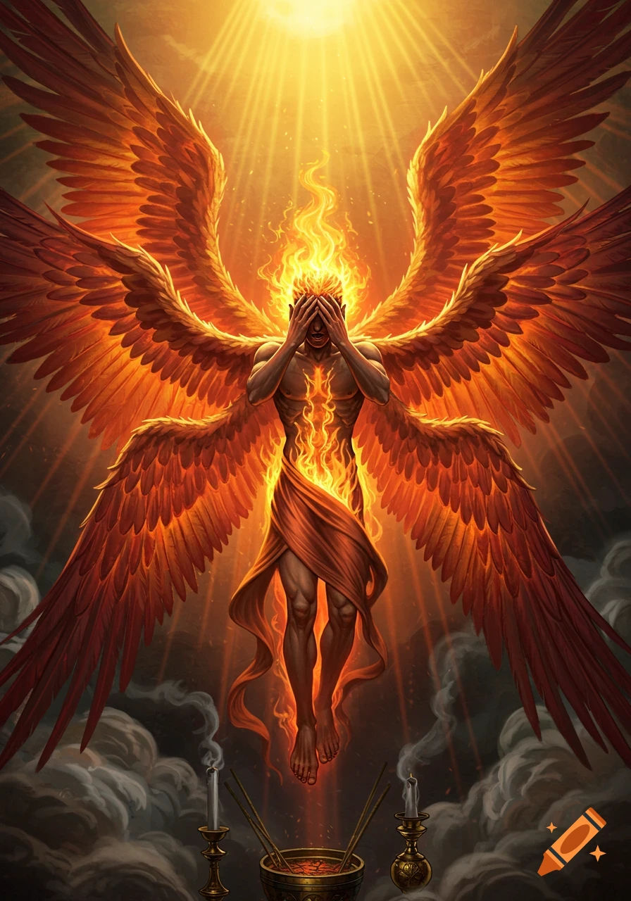 A powerful, winged seraph, shrouded in divine fire and light, covers ...