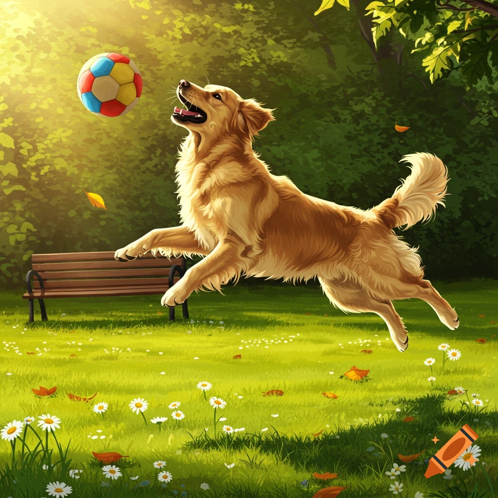 A happy Golden Retriever dog jumps in a vibrant, sunny park filled with ...