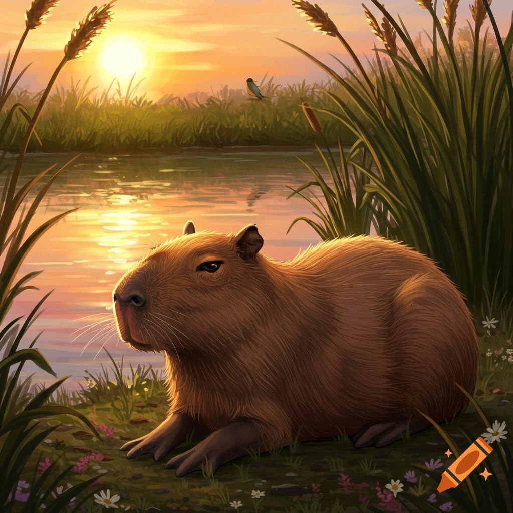 Illustrated capybara lying by a lake at sunset, surrounded by tall ...