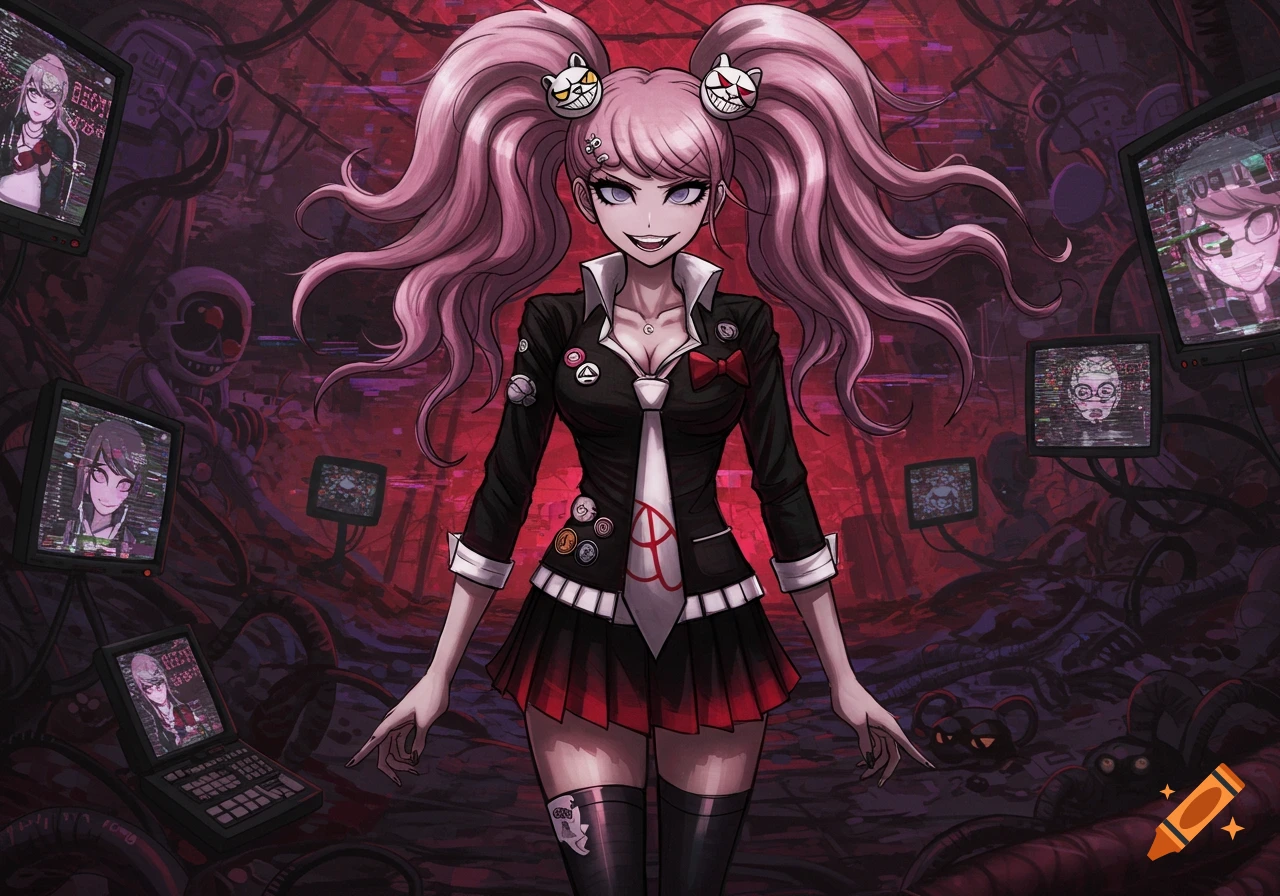 Junko Enoshima, an anime character with pink pigtails, black jacket ...