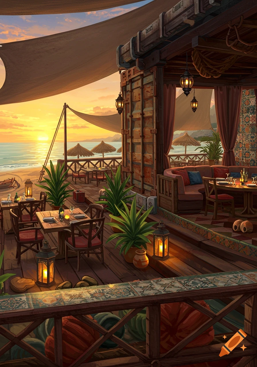 An outdoor restaurant deck overlooking a beach at sunset, with rustic ...