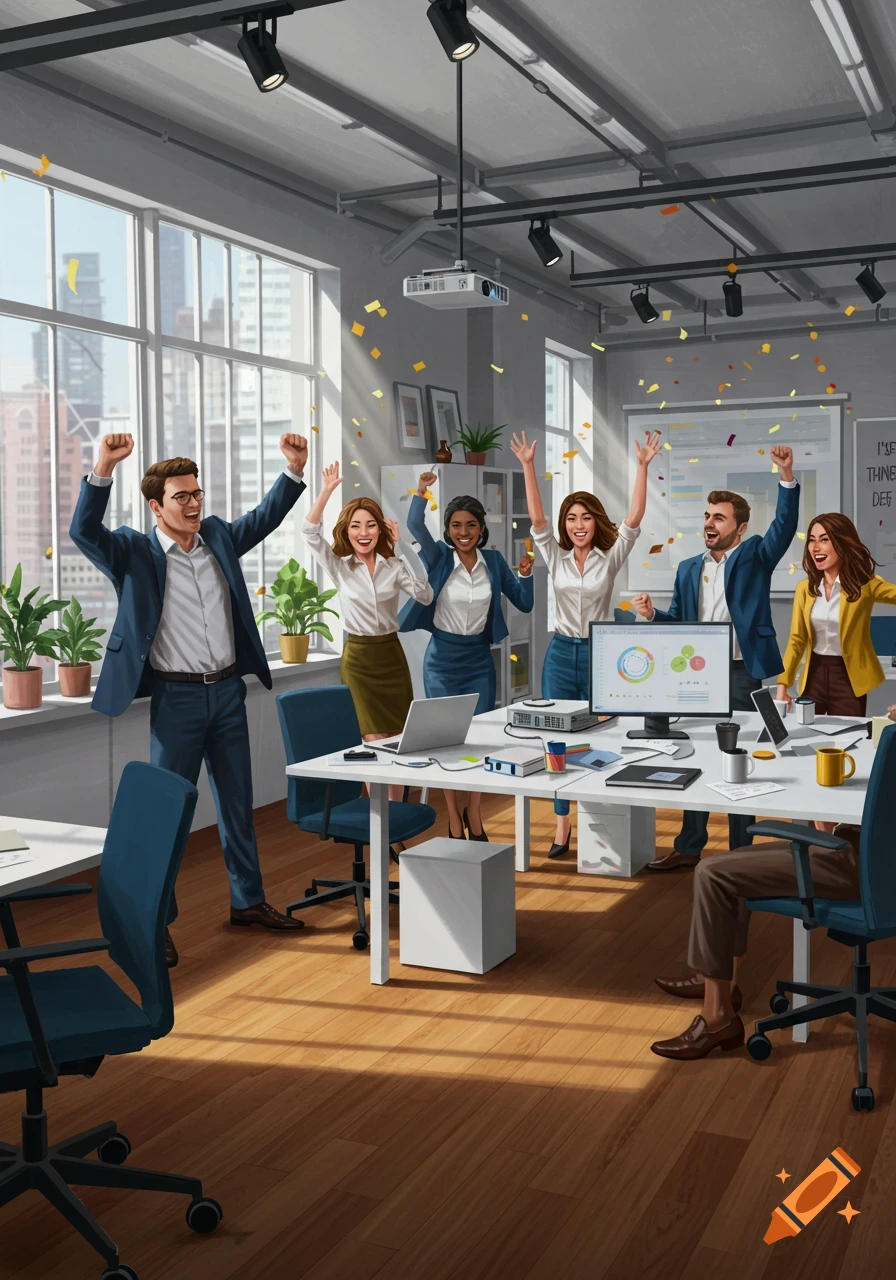 A diverse team of colleagues celebrates a work triumph in a modern ...