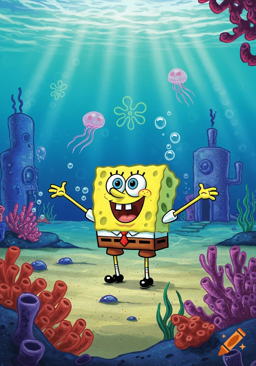 Spongebob Squarepants stands underwater, happily holding a Krabby Patty ...