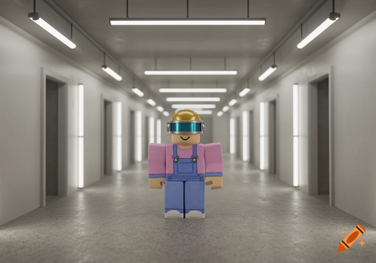 A blocky Roblox character wearing a gold helmet, blue overalls, and a ...