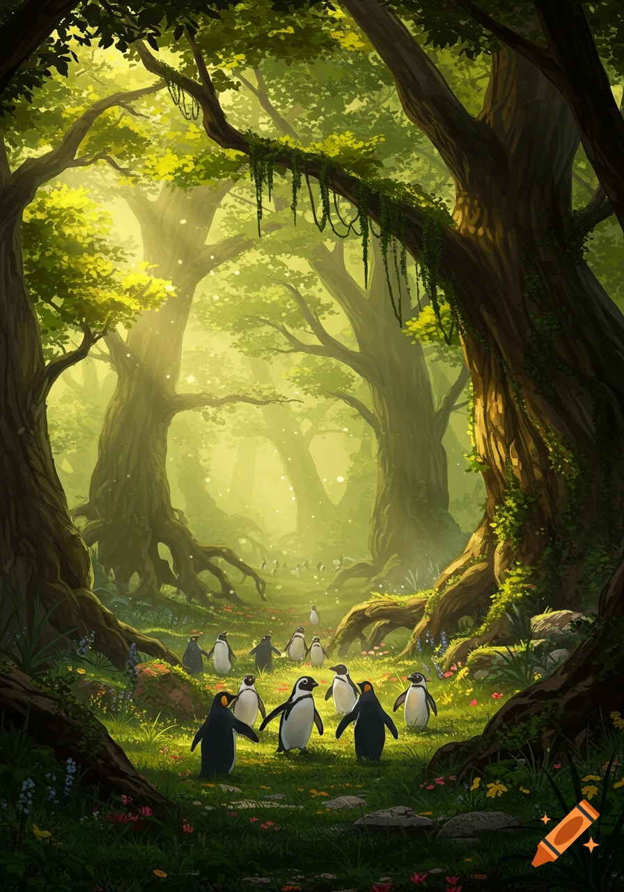 A group of penguins walks through a luminous, lush fantasy forest with ...
