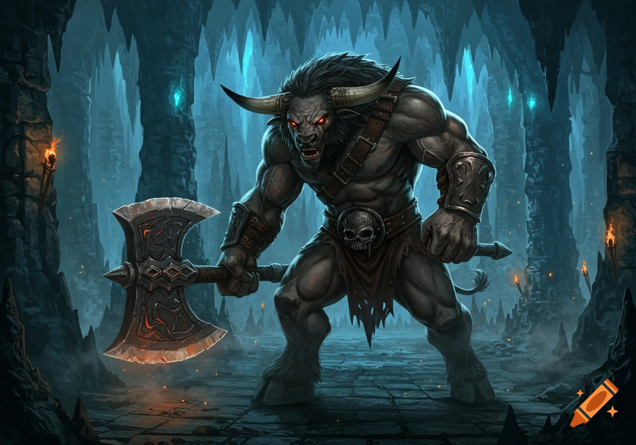 A powerful minotaur with red eyes, holding a large double-bladed axe ...