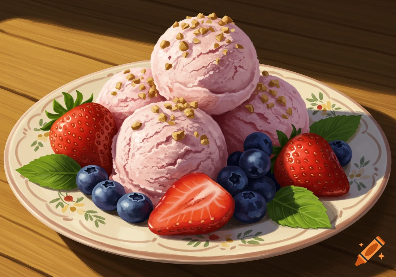 Three scoops of strawberry, vanilla, and yellow ice cream topped with ...