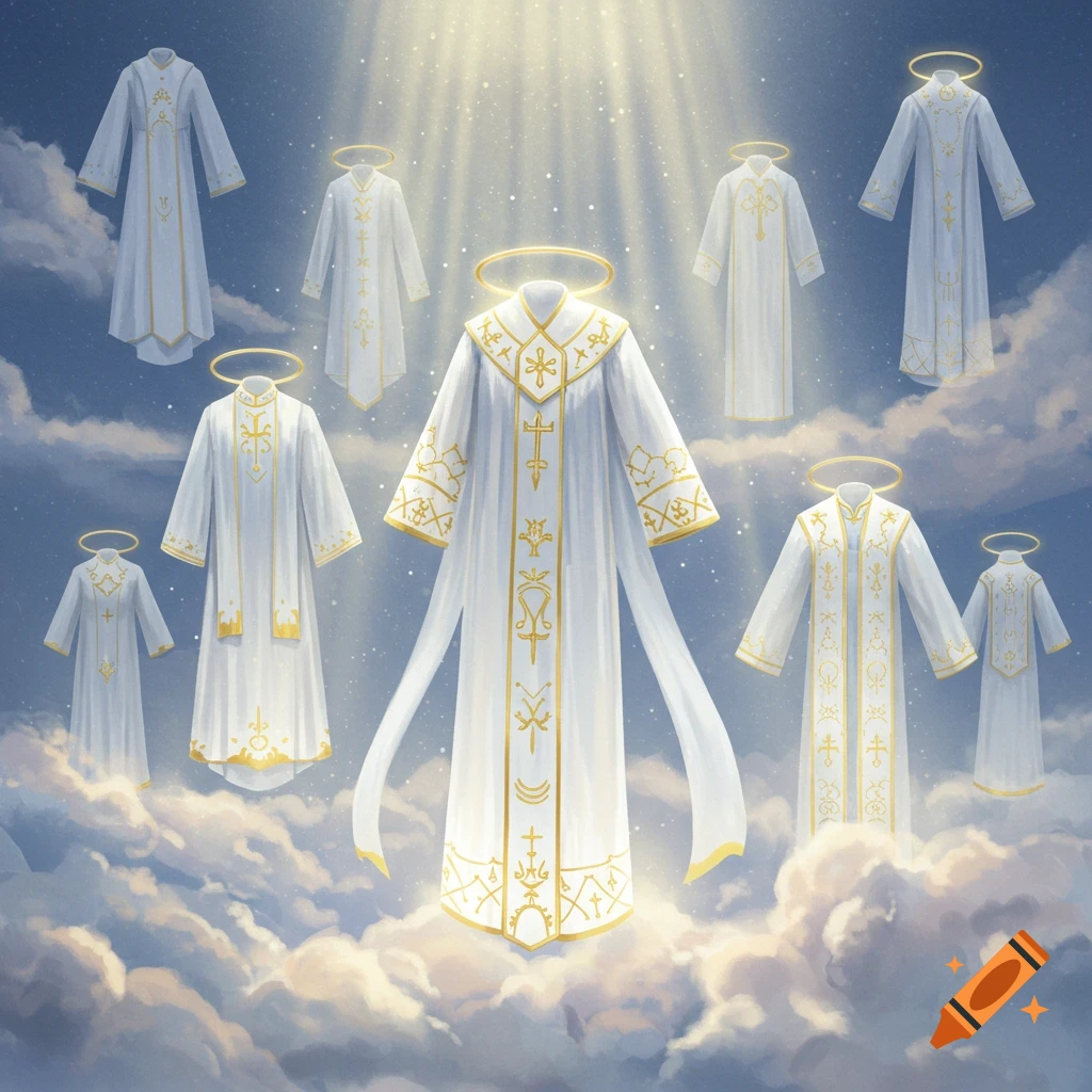 White and gold religious robes with halos float among clouds and sun ...