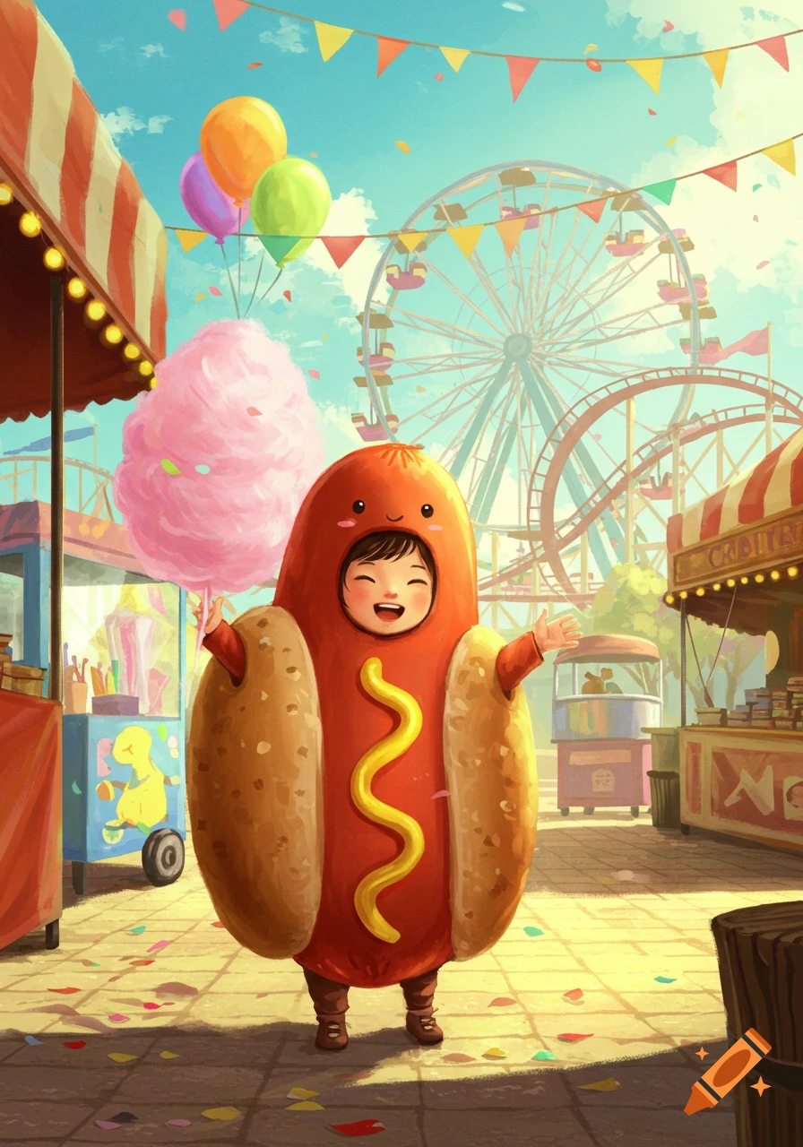 A smiling child in a hot dog costume holds pink cotton candy at a ...