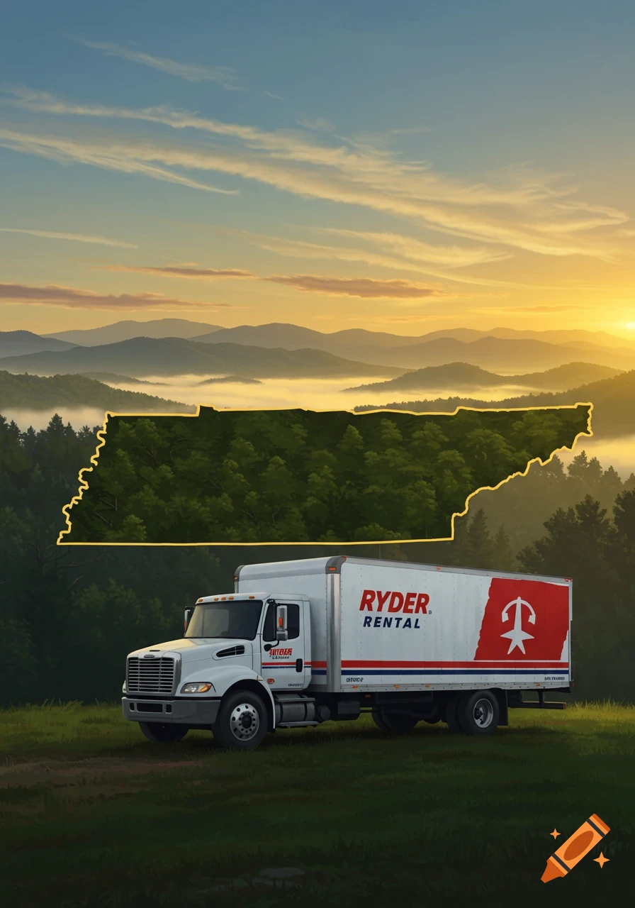 A white Ryder Rental truck in a grassy field, with the forest-filled ...