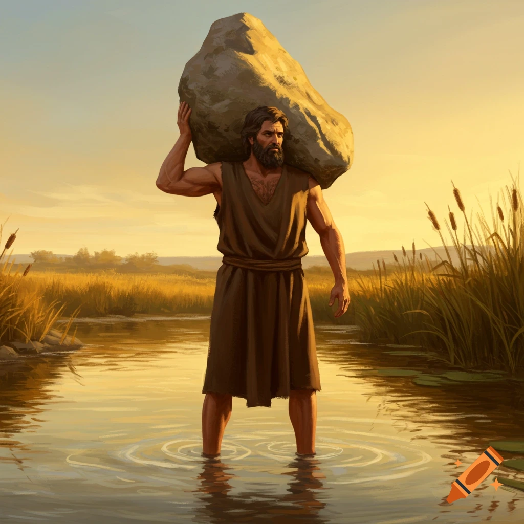 A strong, bearded man in a brown tunic carries a large stone on his ...