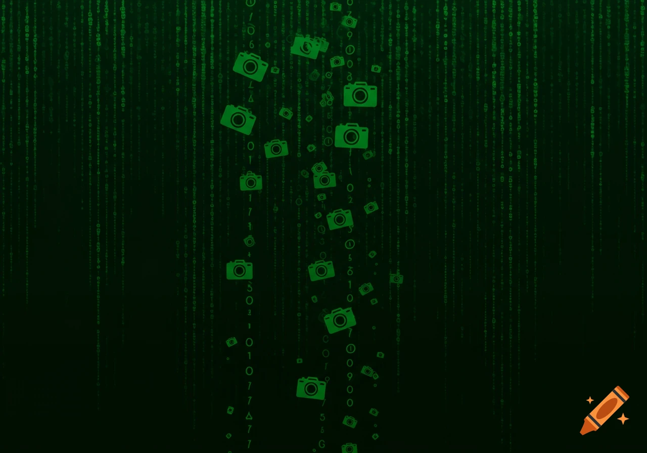 Green binary code (0s and 1s) falling vertically against a dark background, creating a digital ...