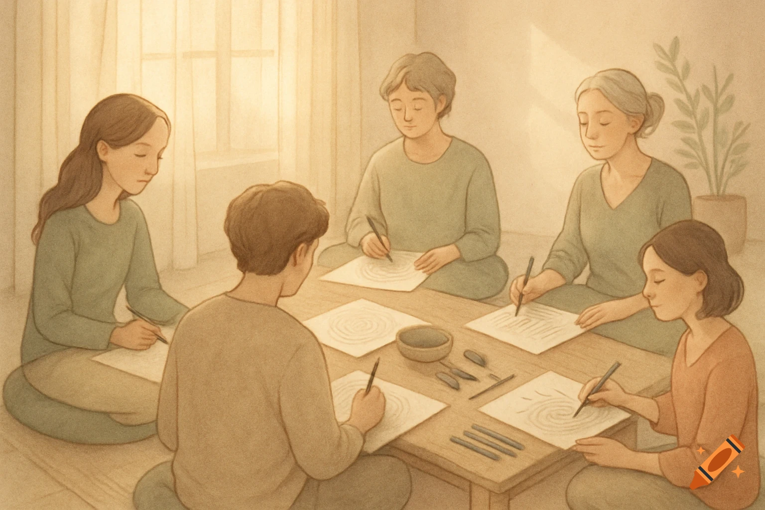 Warm-toned illustration of five people sitting around a low table, drawing on paper with pencils ...