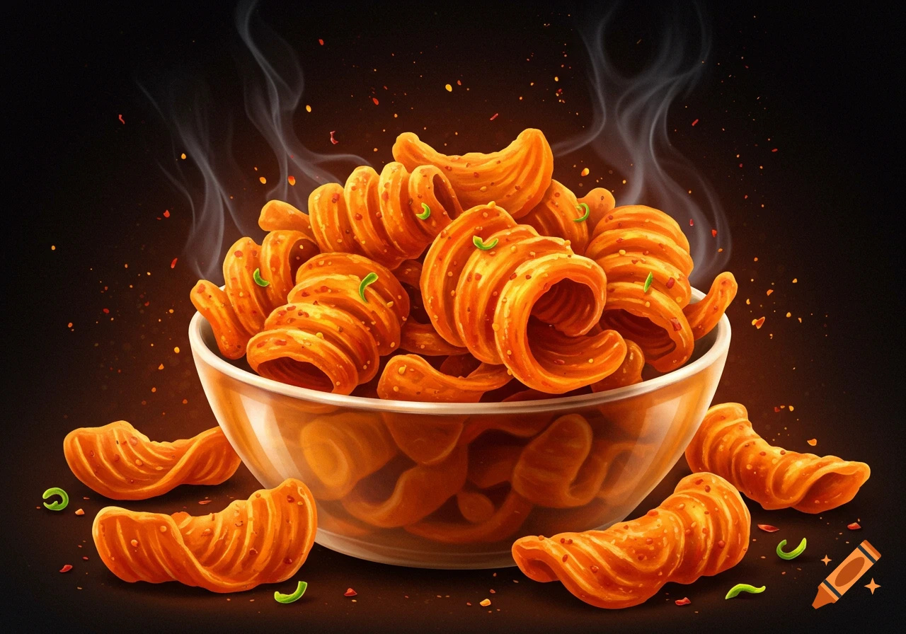 A vibrant bowl overflowing with hot, spicy, reddish-orange spiral ...