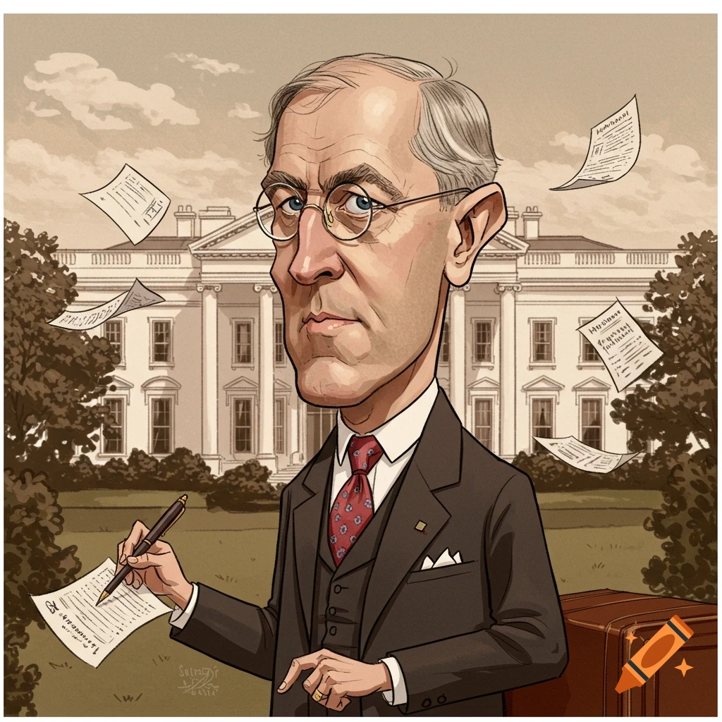 Caricature illustration of Woodrow Wilson, the US President, holding a ...