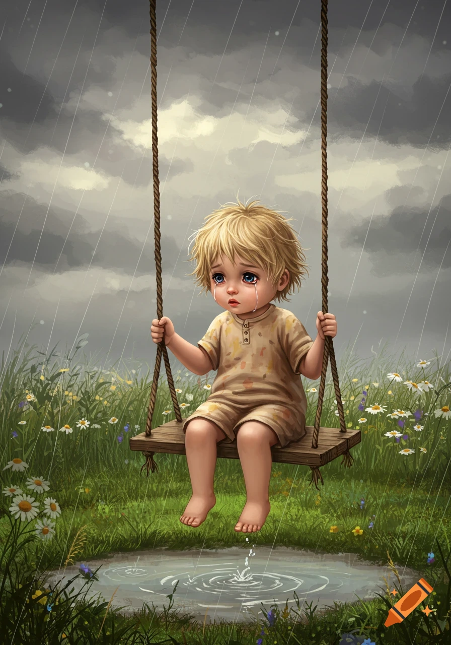 A crying blonde child sits on a wooden swing in a rainy field with ...