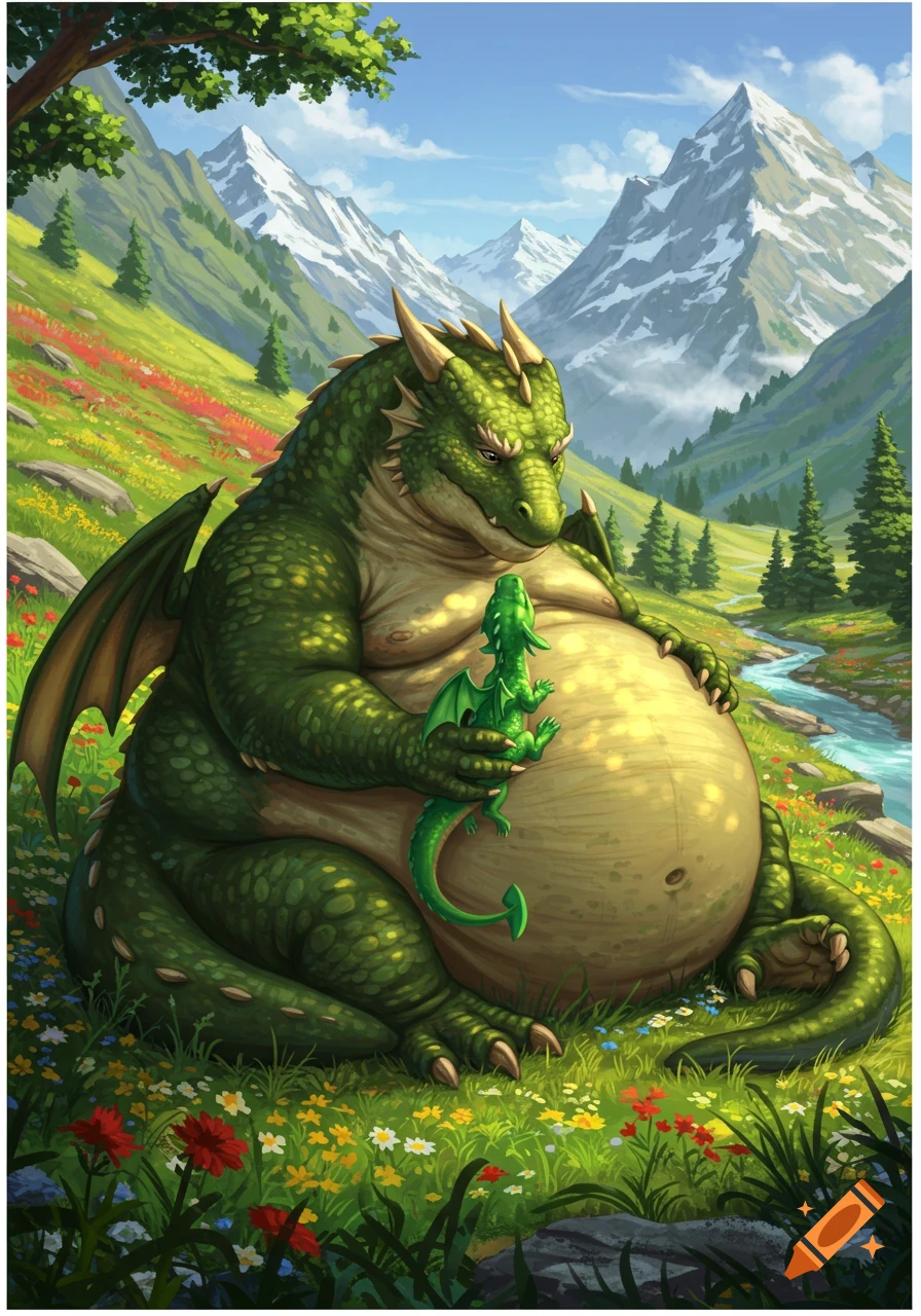 A large, green, fat dragon sits in a vibrant, flowery mountain valley ...