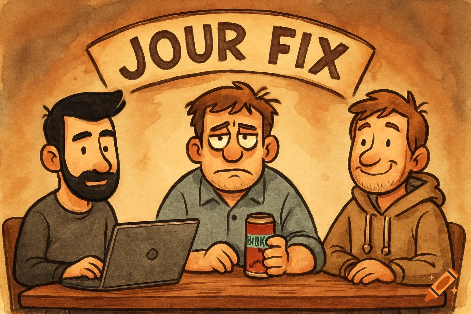 A hand-drawn watercolor cartoon depicts three men at a wooden table ...