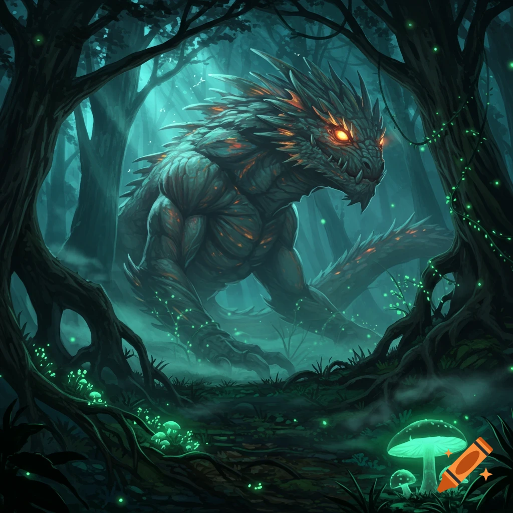 A dark, fantastical salamander-like creature with many golden eyes and ...