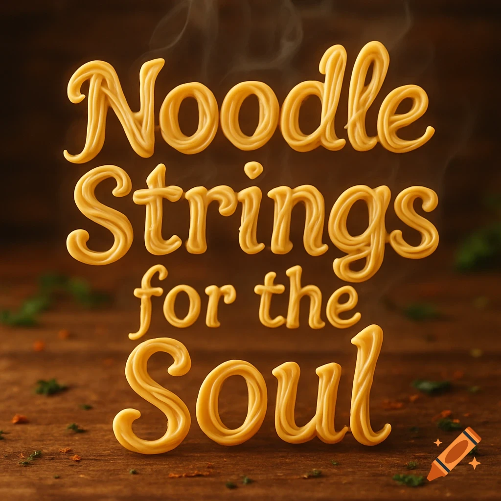 The phrase 'Noodle Strings for the Soul' made from steaming, golden ...