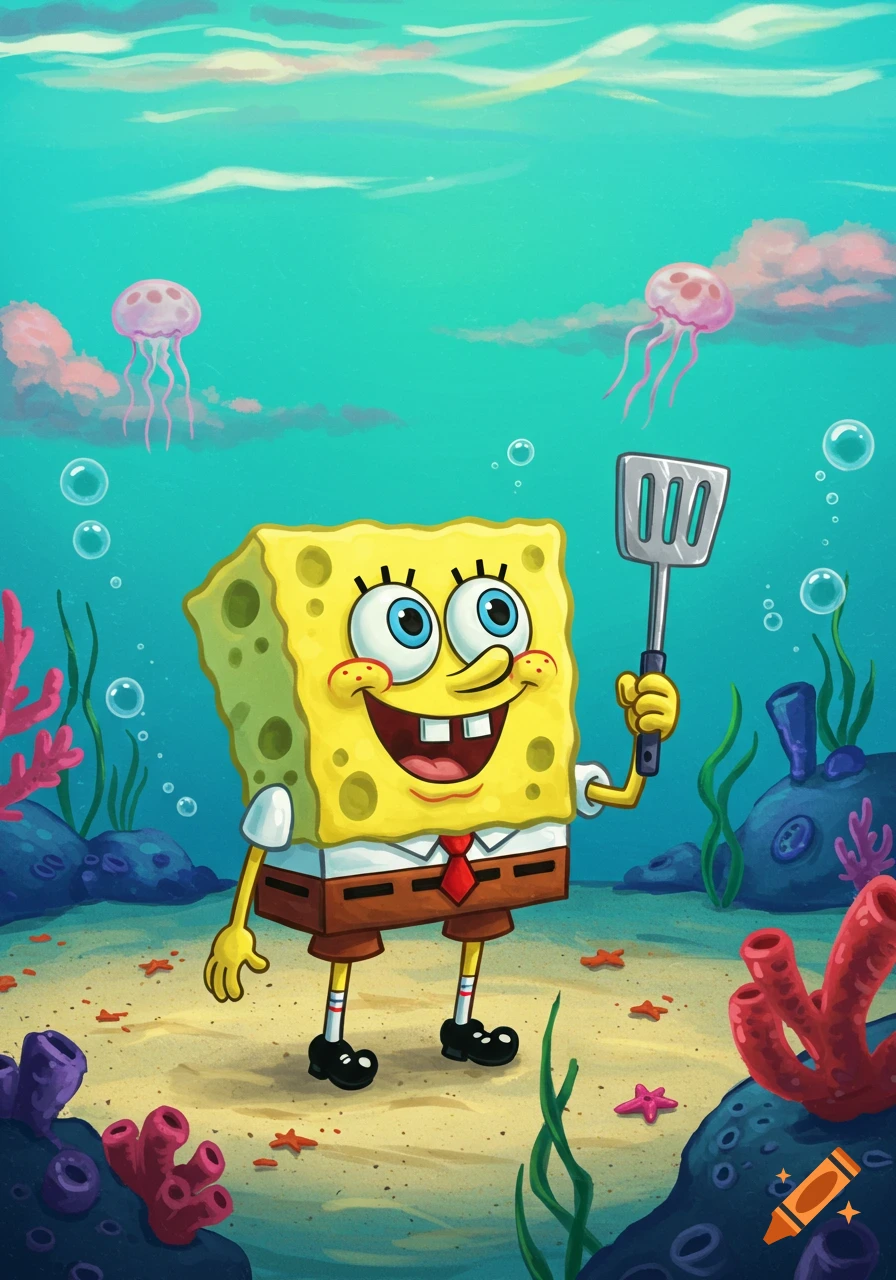 Spongebob in knight armor holds a glowing spatula and a shield ...