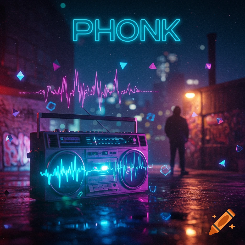 Neon sign 'PHONK' above a glowing boombox with sound waves in a dark ...