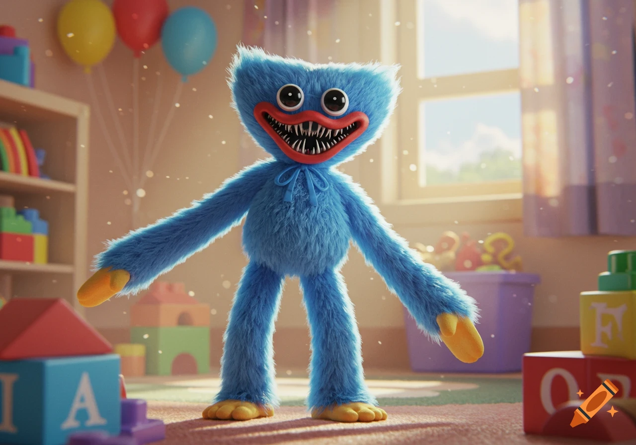 A blue, fluffy Huggy Wuggy with wide eyes and sharp teeth stands in a ...