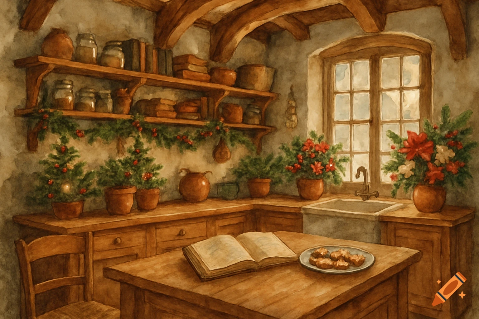 A watercolor painting of a warm, rustic Christmas kitchen with wooden ...