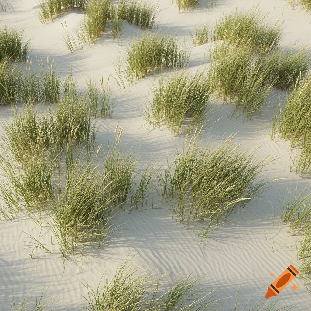 A top-down, photorealistic view of sandy dunes with scattered green ...