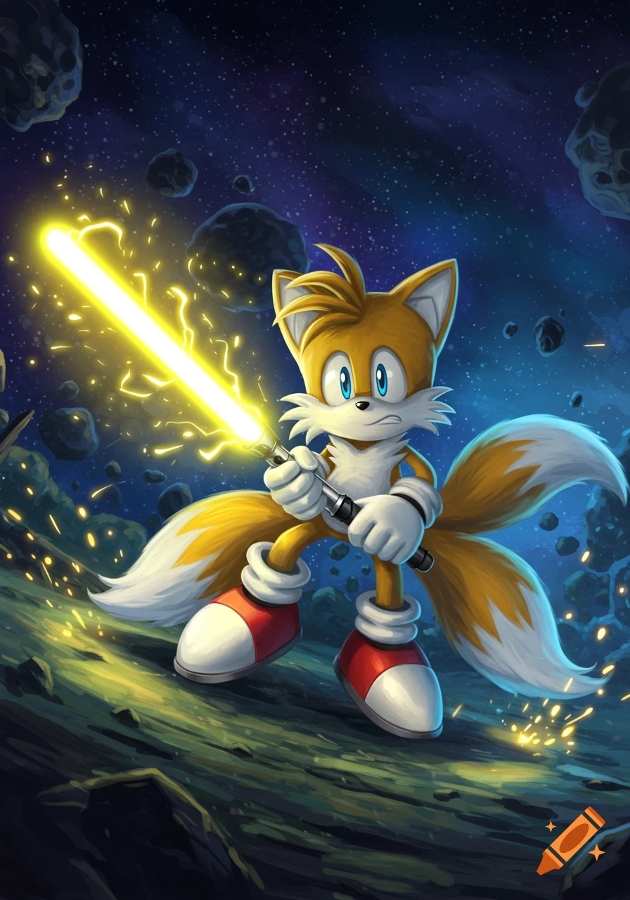 Tails, the yellow fox from Sonic, holds a glowing yellow lightsaber on ...