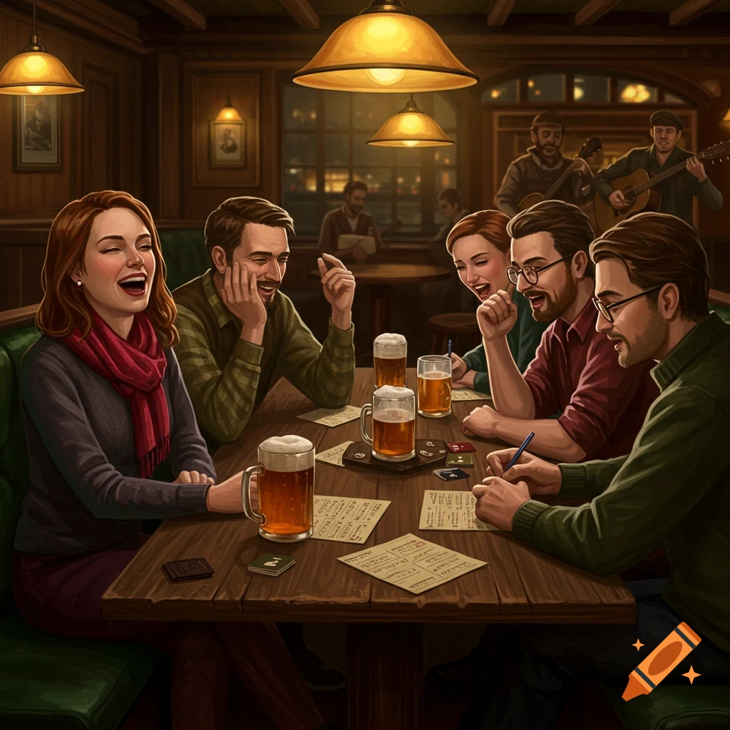 An illustration of seven diverse people playing a quiz game at a wooden ...