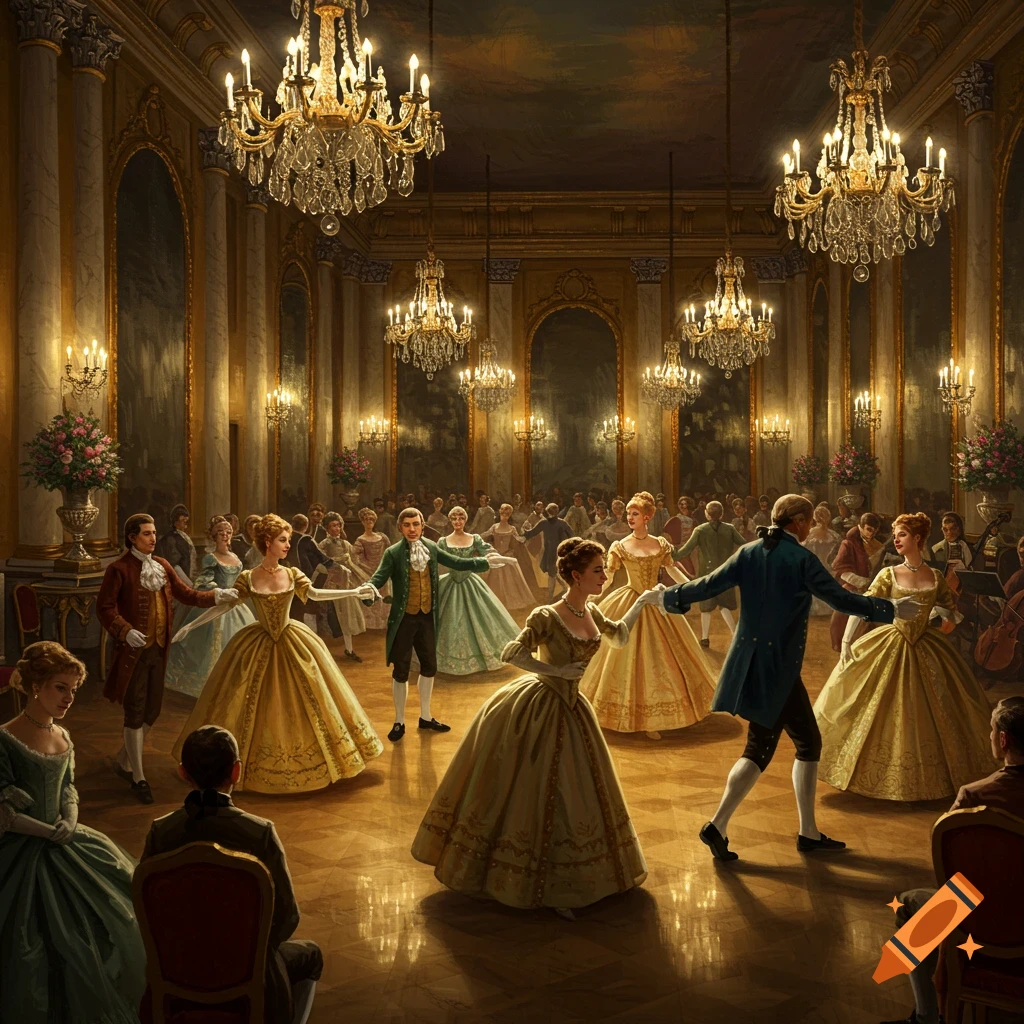 Elegantly dressed people dance in a lavish 1700s ballroom adorned with ...