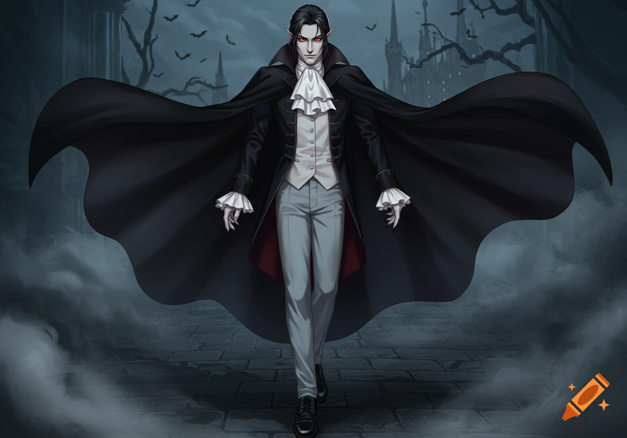 An anime vampire with long black hair, fangs, red eyes, and scars ...