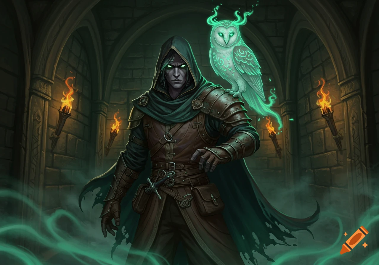 A hooded phantom rogue with glowing eyes stands in a dark dungeon with ...
