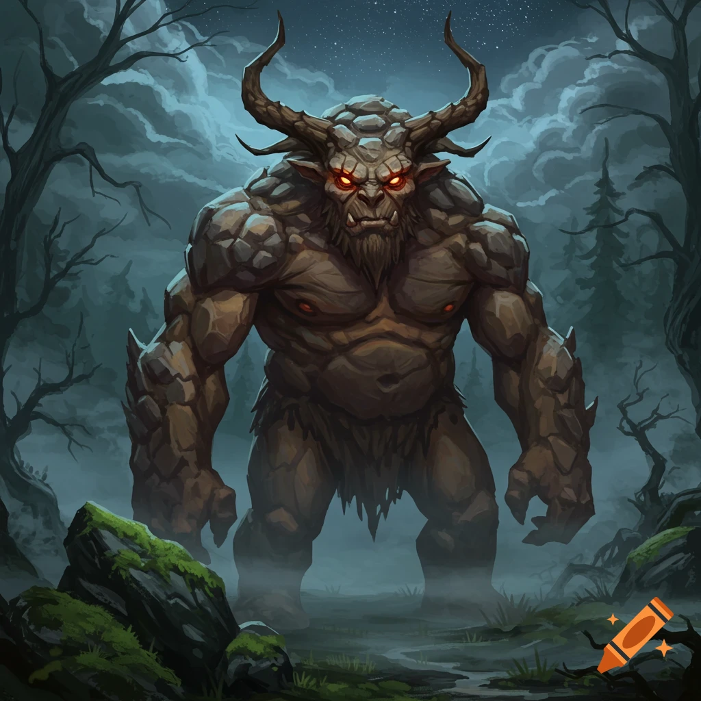 A hulking, rock-skinned monster with large horns and glowing red eyes ...