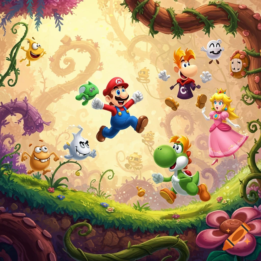 Mario, Princess Peach, Yoshi, Rayman, and other creatures are in a ...