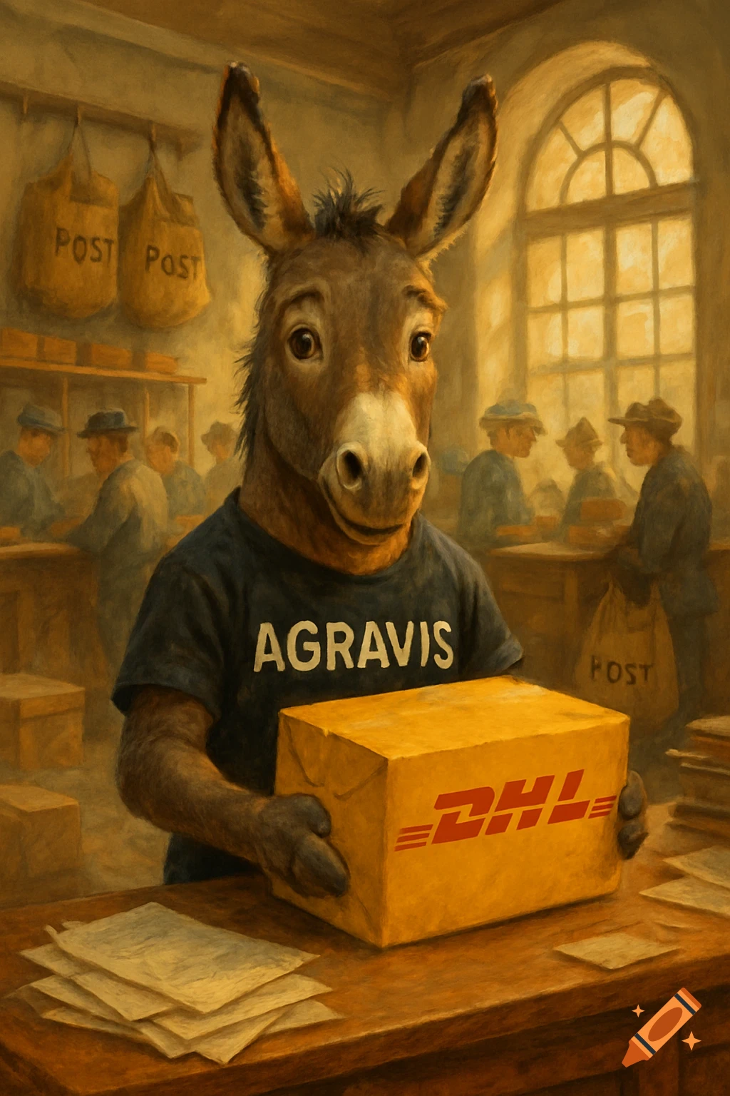 A stylized painting of an anthropomorphic donkey in a blue shirt ...