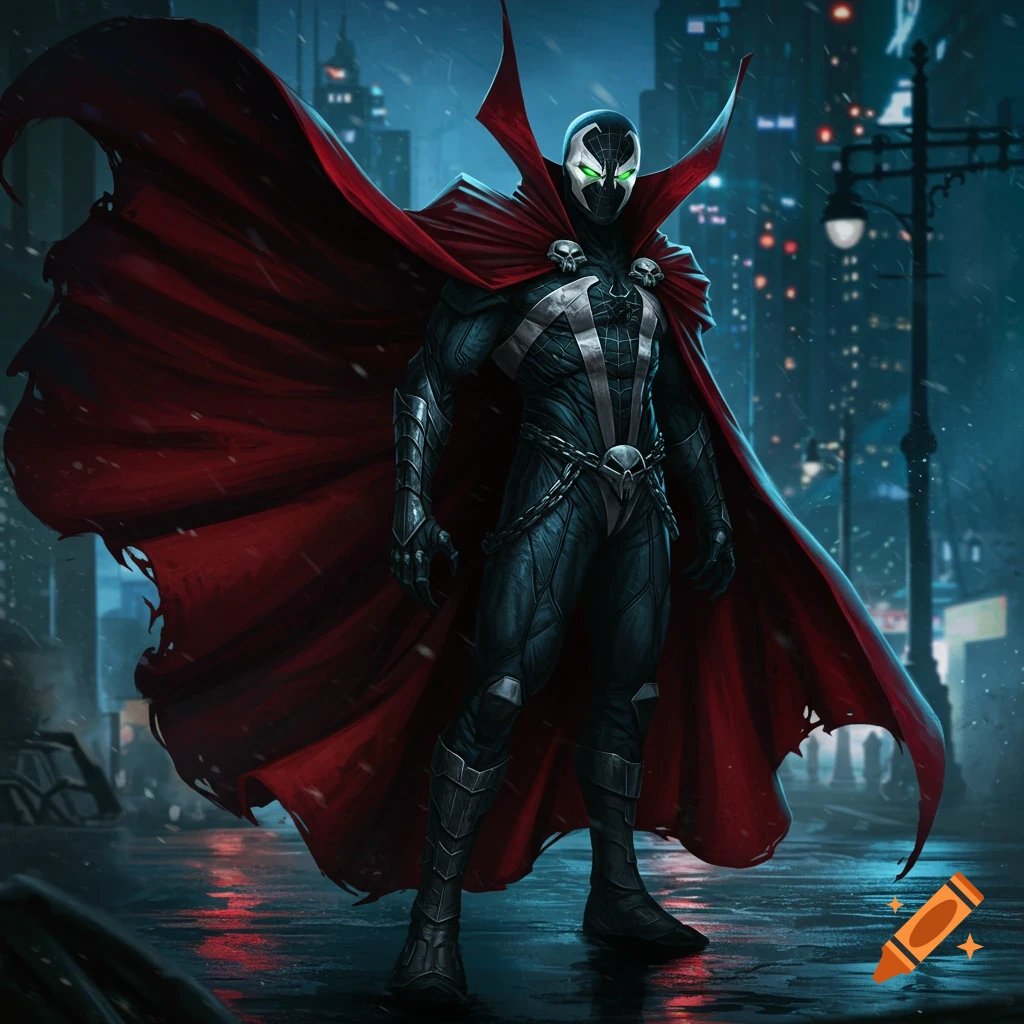 A dark superhero, Spawn, in a black suit with a flowing red cape and ...