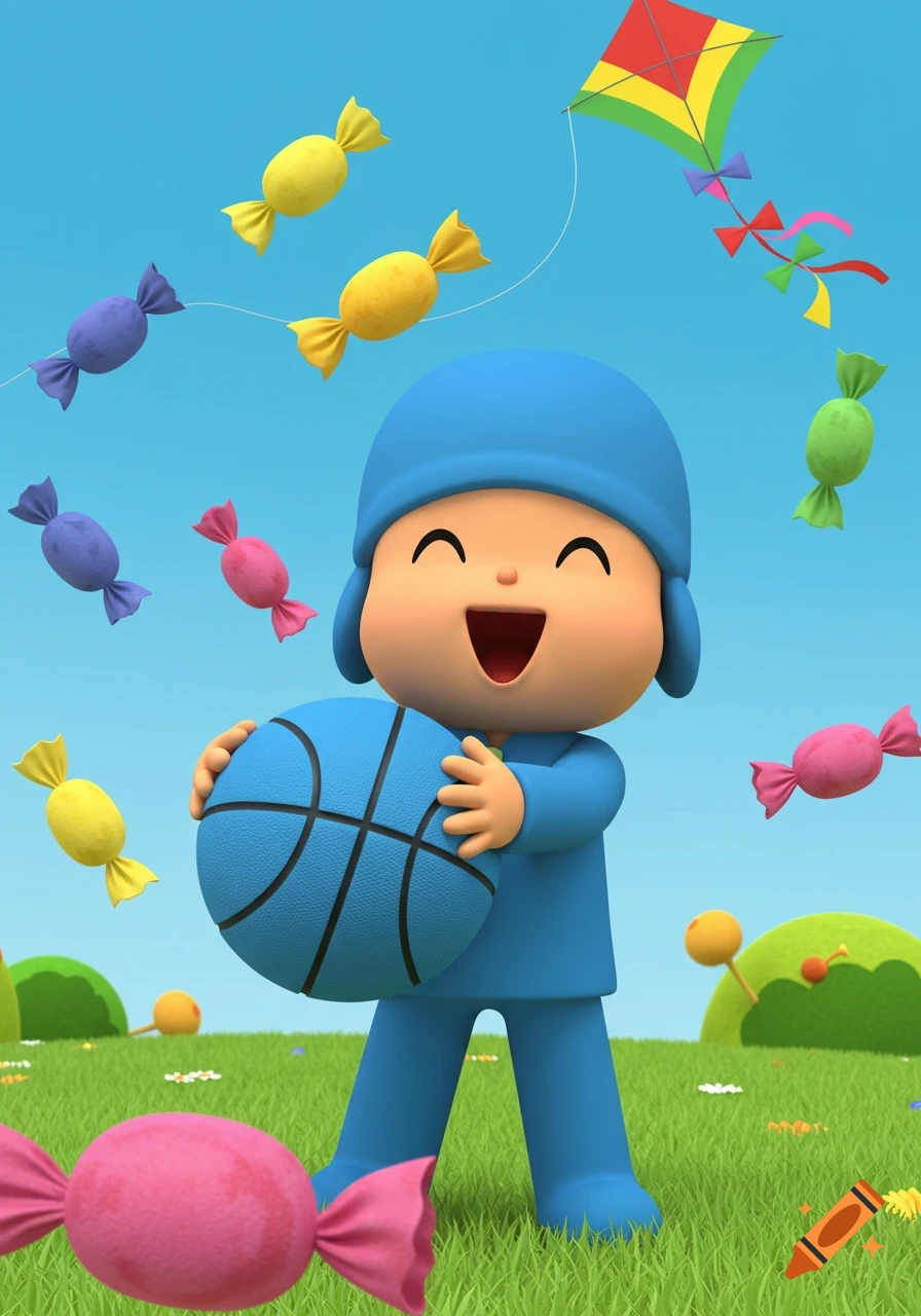 Pocoyo, a blue 3D cartoon character, smiles happily holding a ...