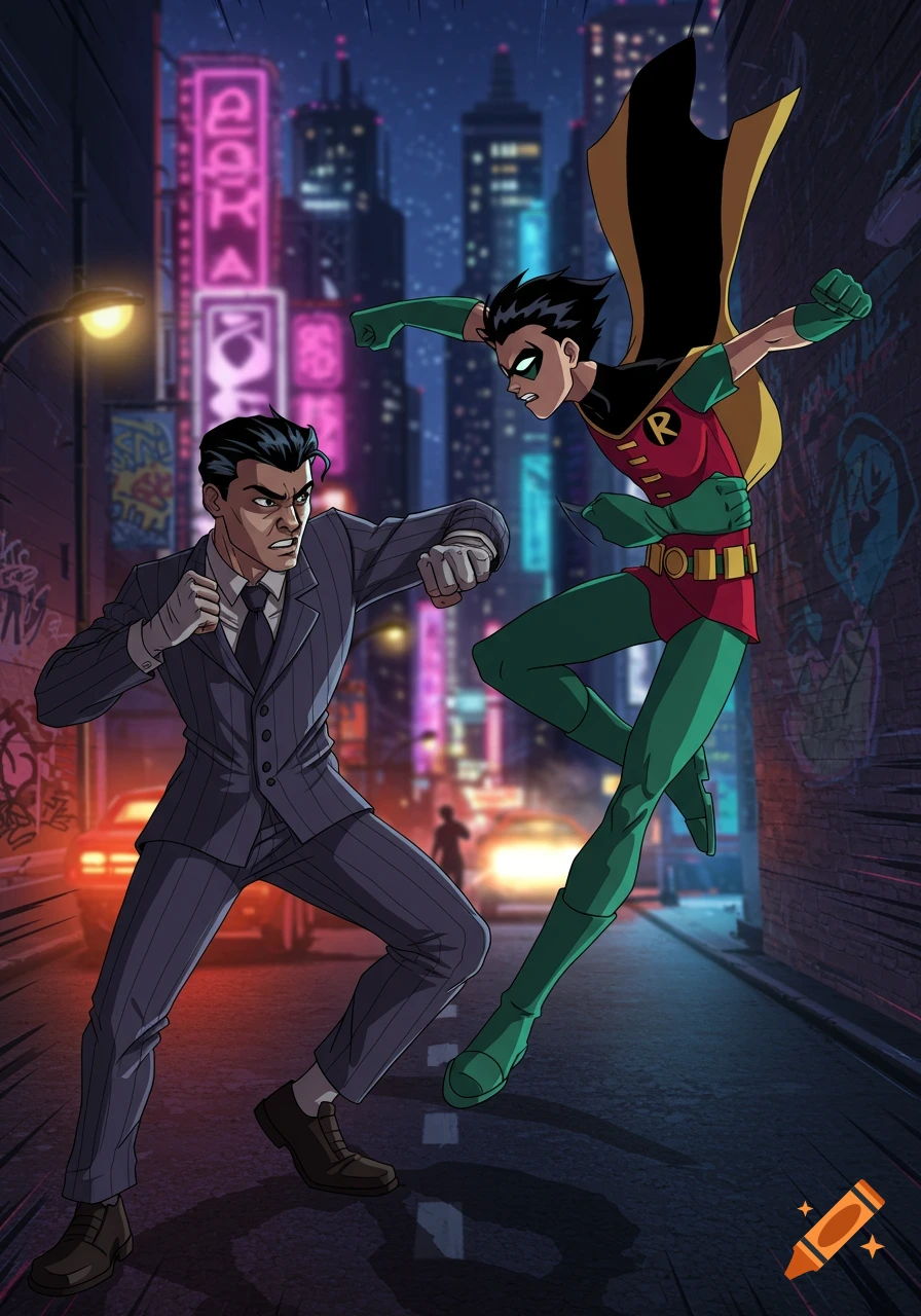 Cartoon style illustration of Robin fighting a man in a pinstripe suit ...