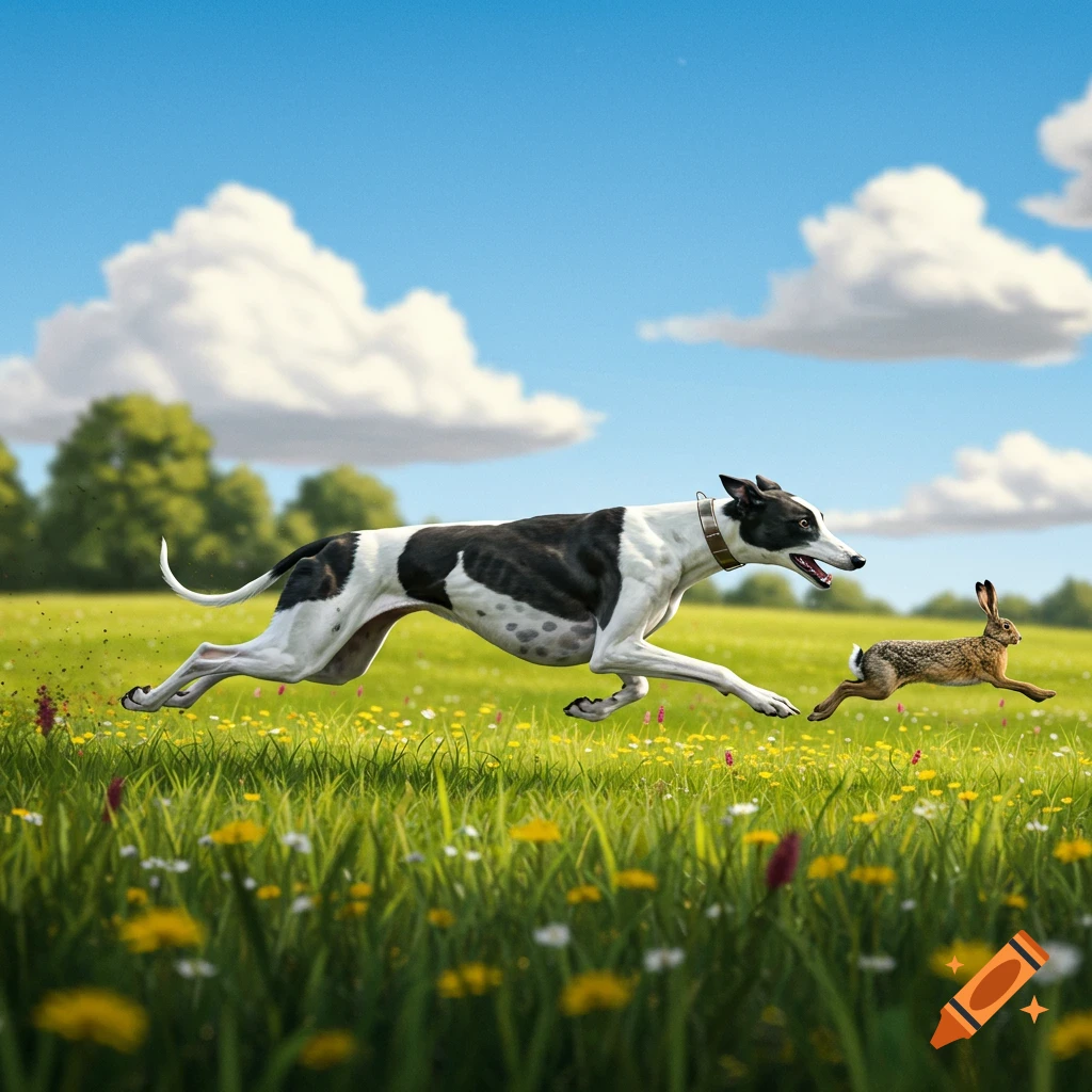 A black and white greyhound runs at full speed through a sunny grassy ...