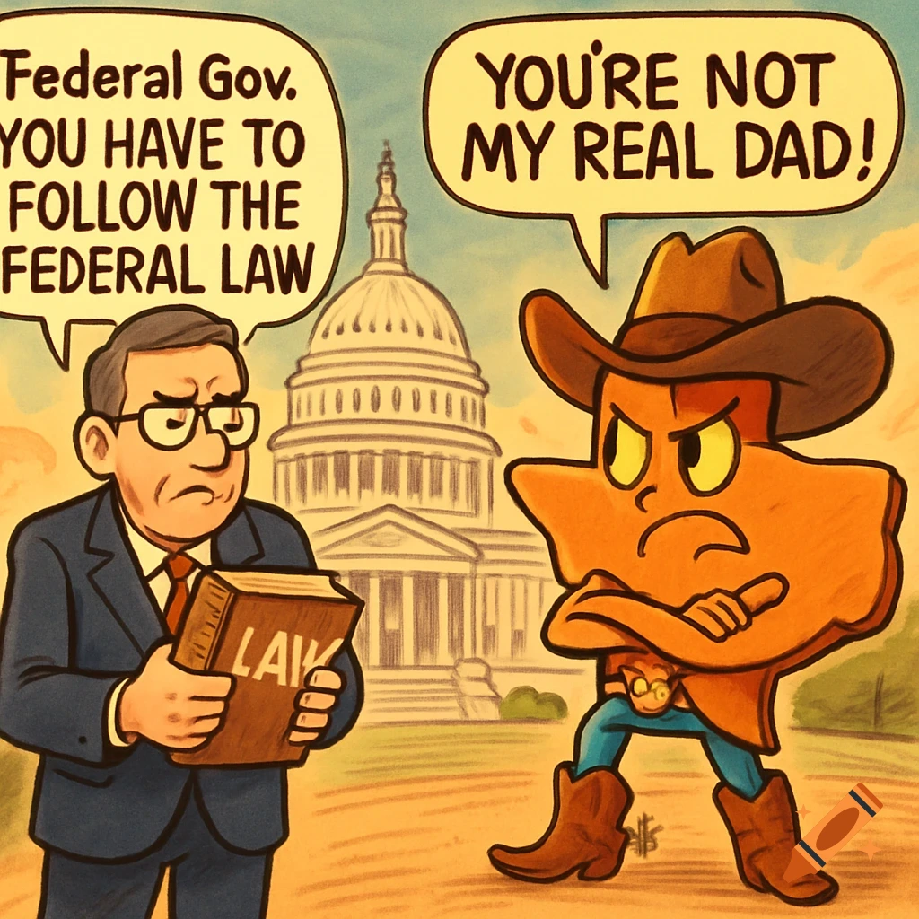 A cartoon depicts a man representing the Federal Government holding a ...