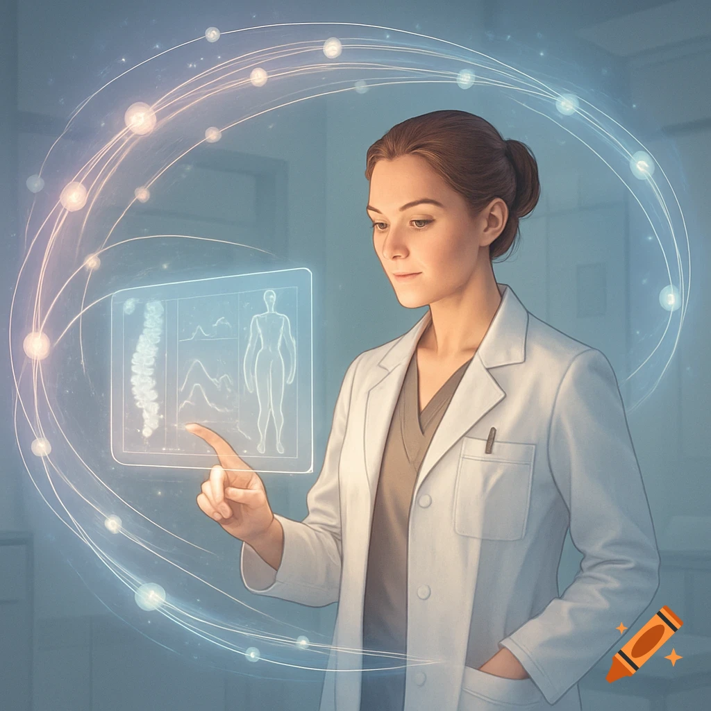 Female doctor in a lab coat interacting with a glowing holographic ...