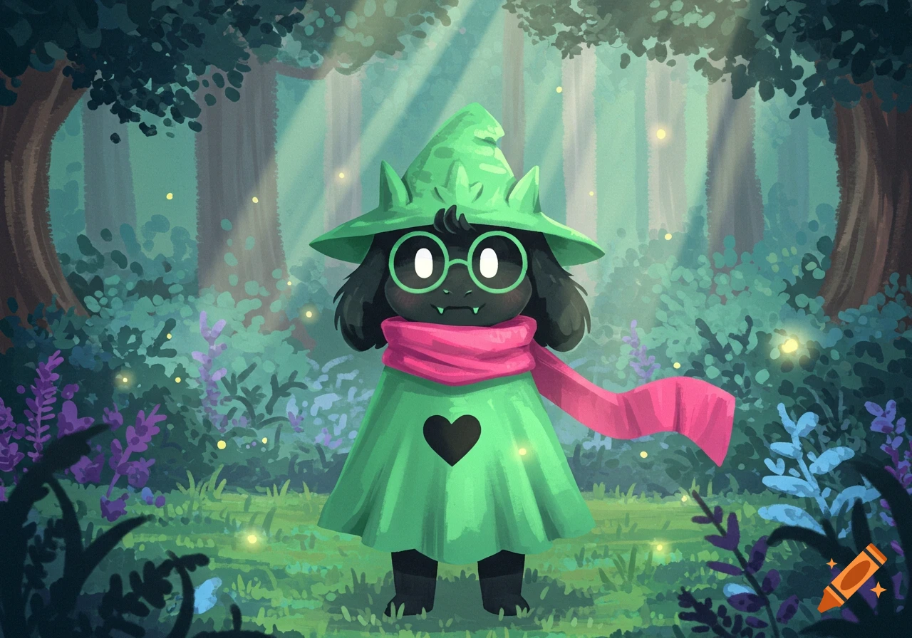 A cute cartoon creature with a cube head, green hair, black line eyes ...