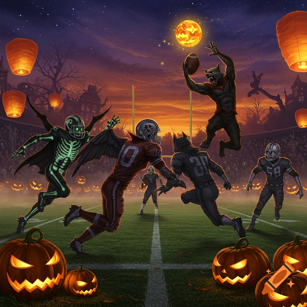 A Halloween-themed American football game at night, with players ...