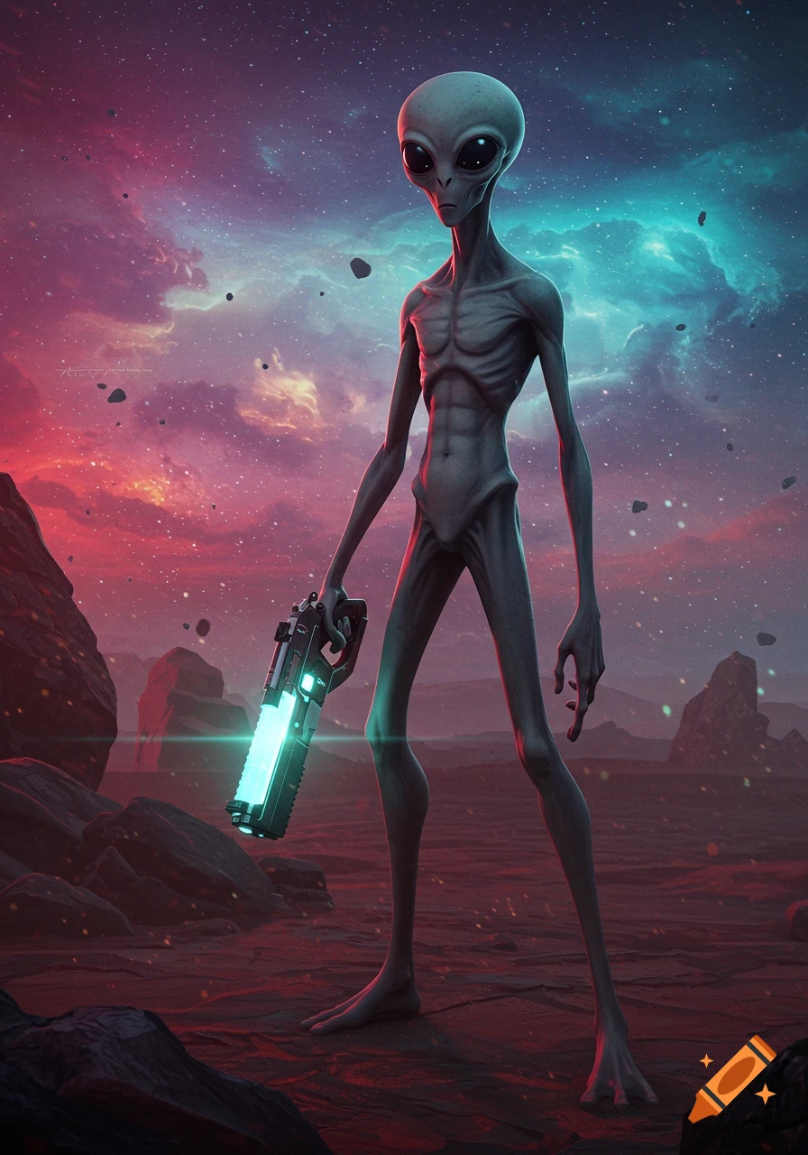Photorealistic grey alien holding a glowing ray gun against a starry ...