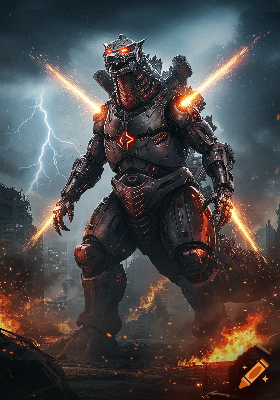 Dark armored Mechagodzilla firing orange energy beams from its ...