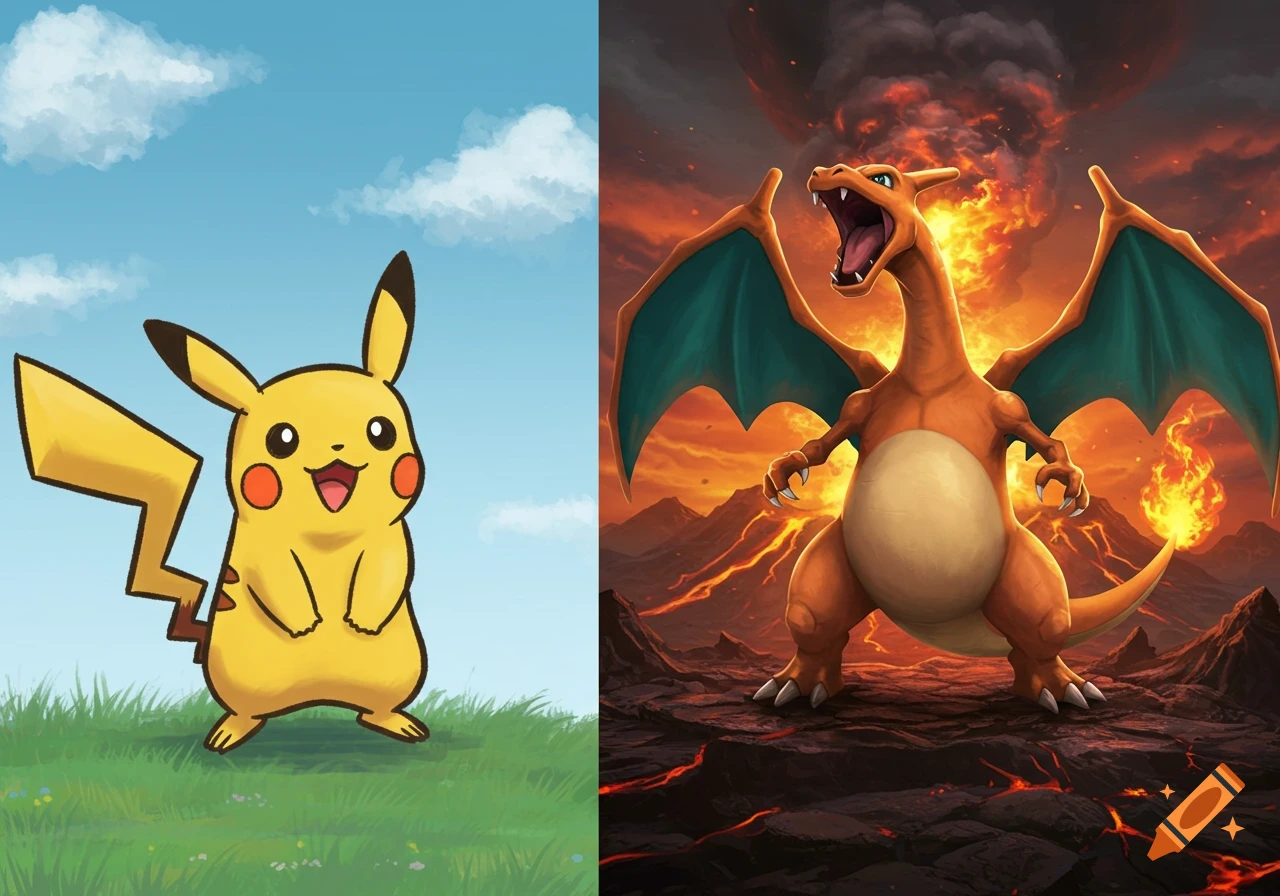 A split image shows a cartoon Pikachu on grass on the left and a ...