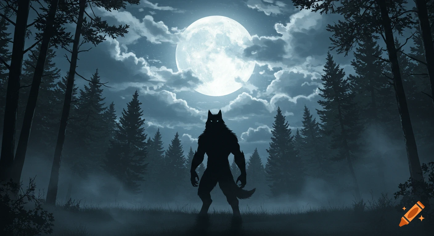 Silhouette of a woman with antlers weaving a spiderweb under a large ...